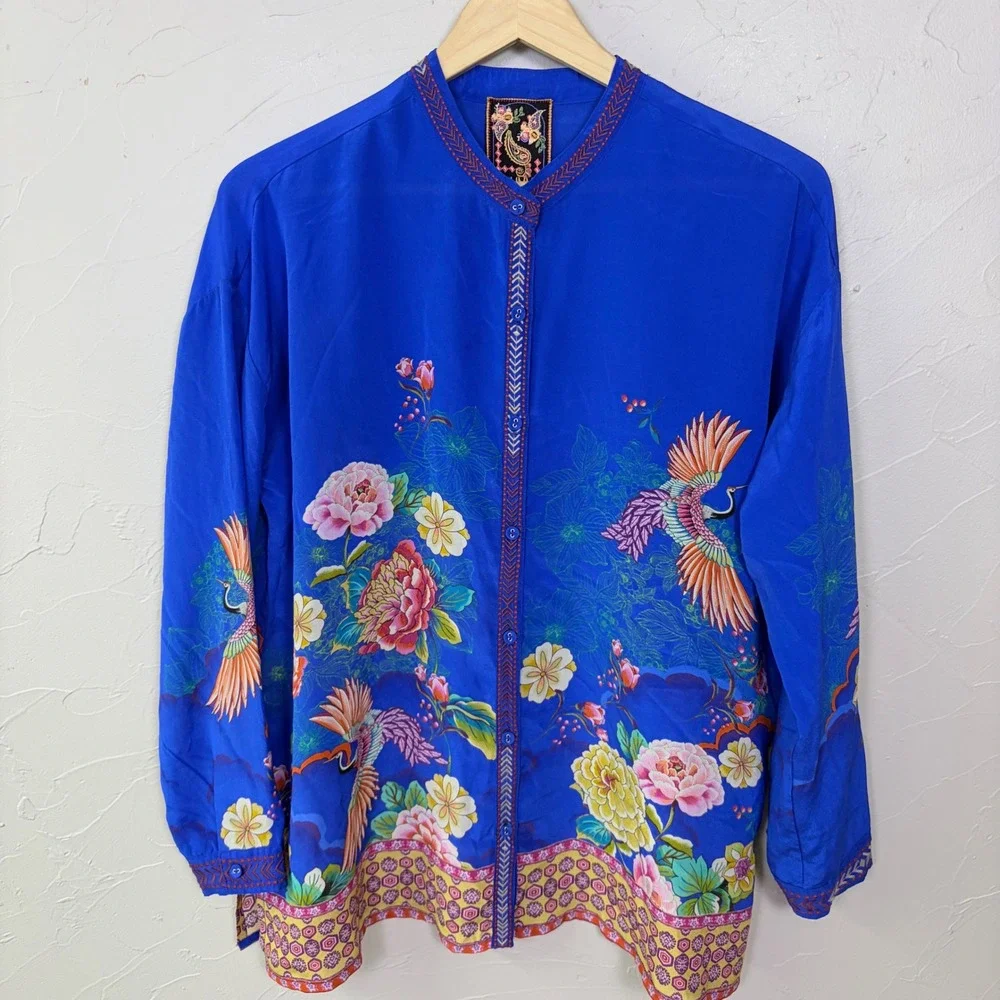 Johnny Was | Tops | Johnny Was Silk Blouse Floral Crane Print Womens ...